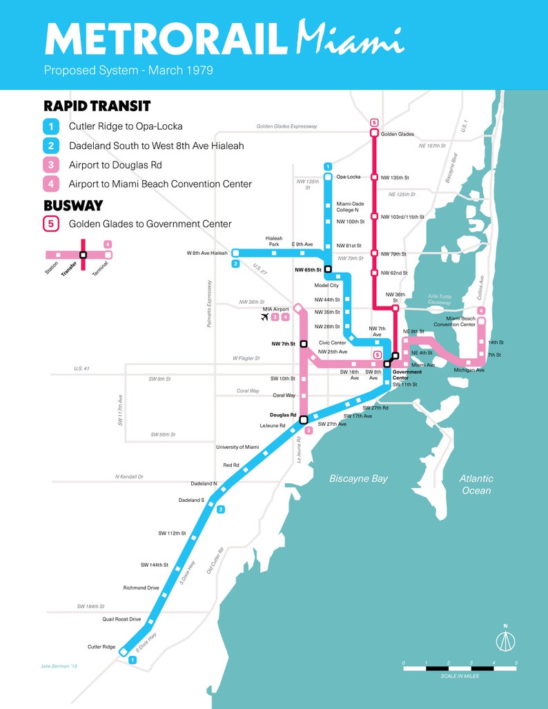 Miami Metrorail proposed system map 1980s Retro art poster | Etsy
