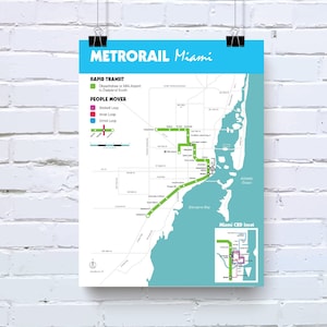 Miami Metrorail and Metromover System Map - Retro Poster - Original Art ...