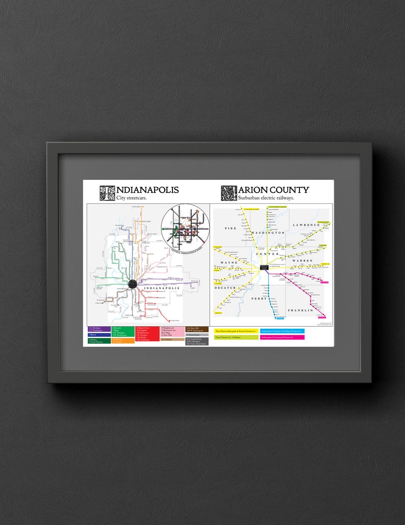 Indianapolis Streetcar and Light Rail Map, 1916, Original Art Poster ...
