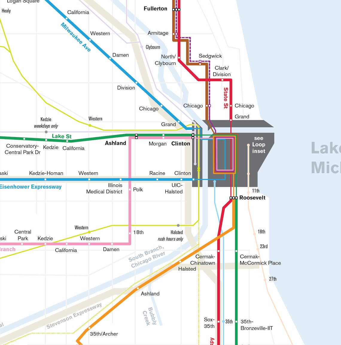 Chicago L Map Print, Original Poster Art of Chicago Elevated and Subway ...