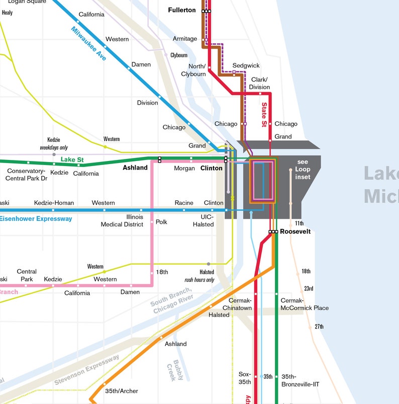 Chicago L Map Print, Original Poster Art of Chicago Elevated and Subway ...