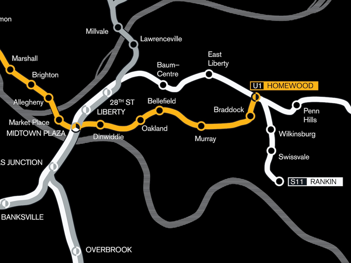 Map of Pittsburgh's Proposed Skybus Rapid Transit Plan, 1967 Original ...
