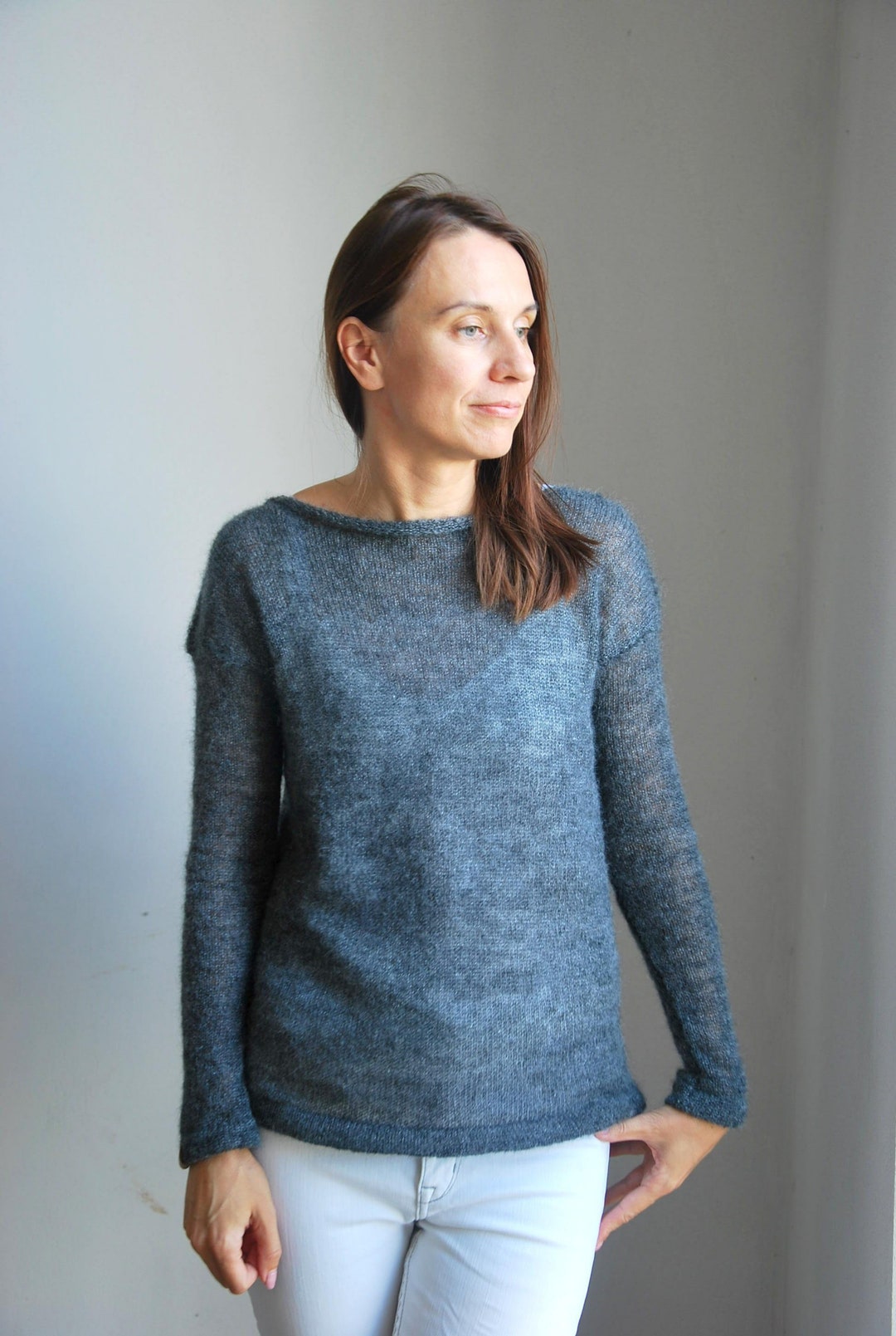 Ash Gray Mohair Silk Sweater, Mohair Silk Pullover, Gray Sweater, Soft ...