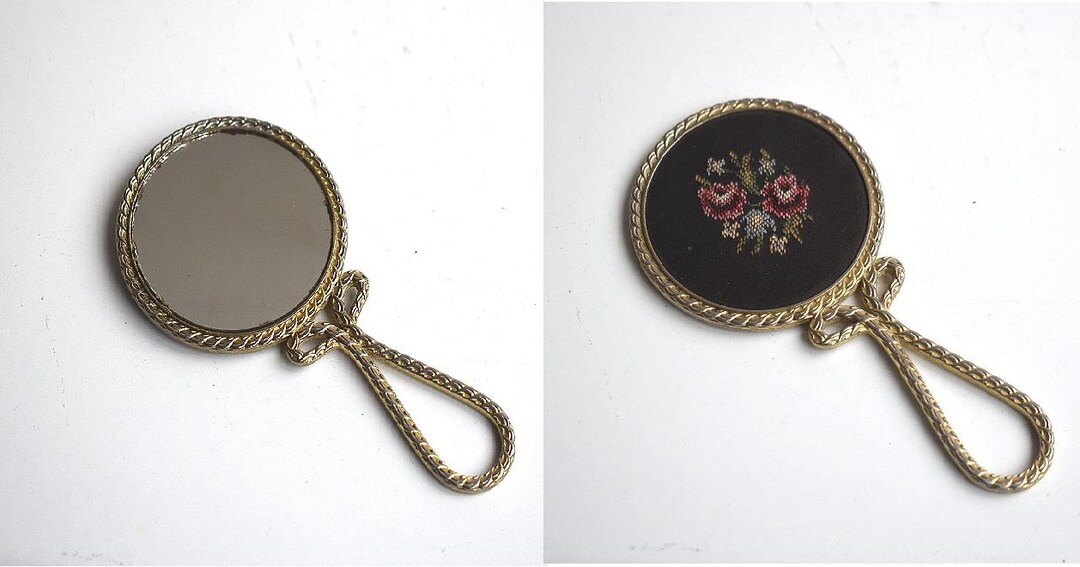 Vintage Brass Handle Hand Pocket Mirror Baroque Boudoir Victorian Art ...