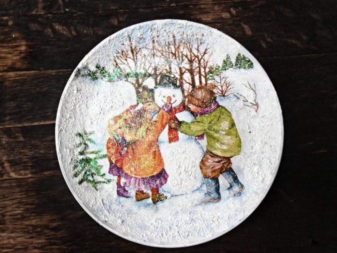 Christmas Wall Decor Plate Snowman Decoupage Wall Decor Snow Holiday ...