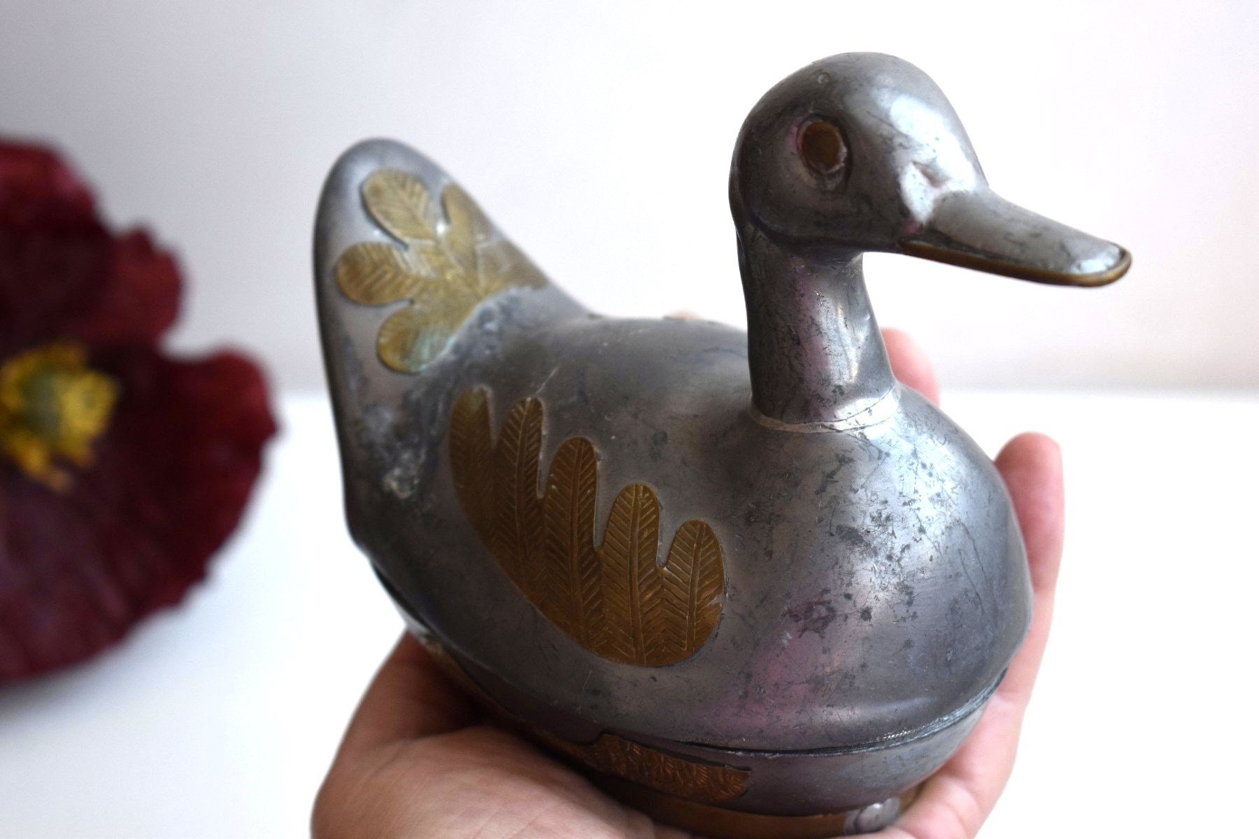 Vintage Pewter Brass Metal Duck Decoy Trinket Box Holder Rustic Decor ...