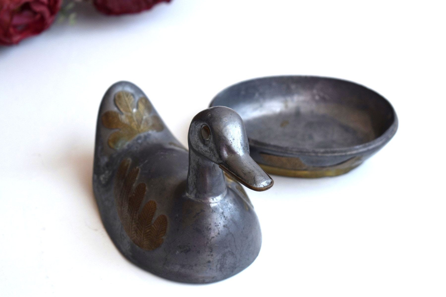 Vintage Pewter Brass Metal Duck Decoy Trinket Box Holder Rustic Decor ...