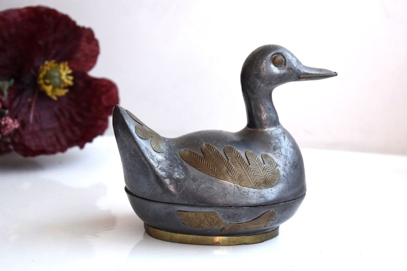 Vintage Pewter Brass Metal Duck Decoy Trinket Box Holder Rustic Decor ...