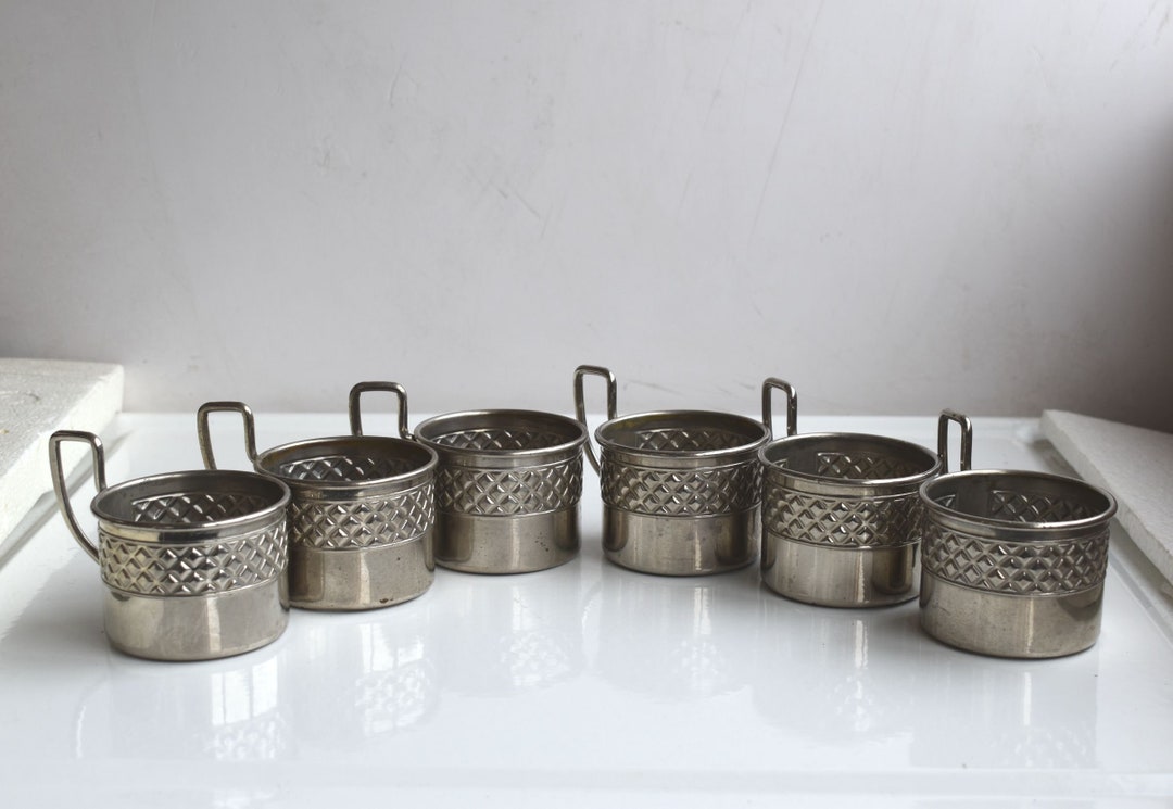 Vintage Set of 6 Tea Glass Cup Holders Melchior Silver Metal Soviet Era ...