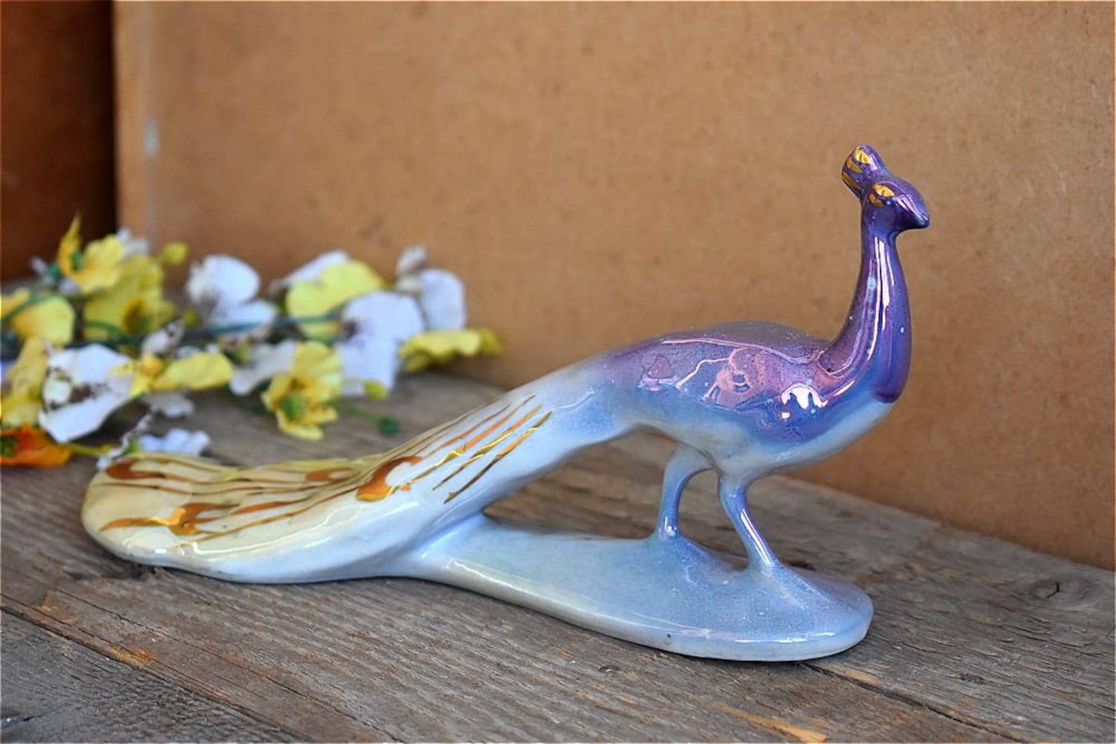 Vintage Porcelain Peacock Bird Ceramic Statue Figurine Sculpture European Mid Century Decoration