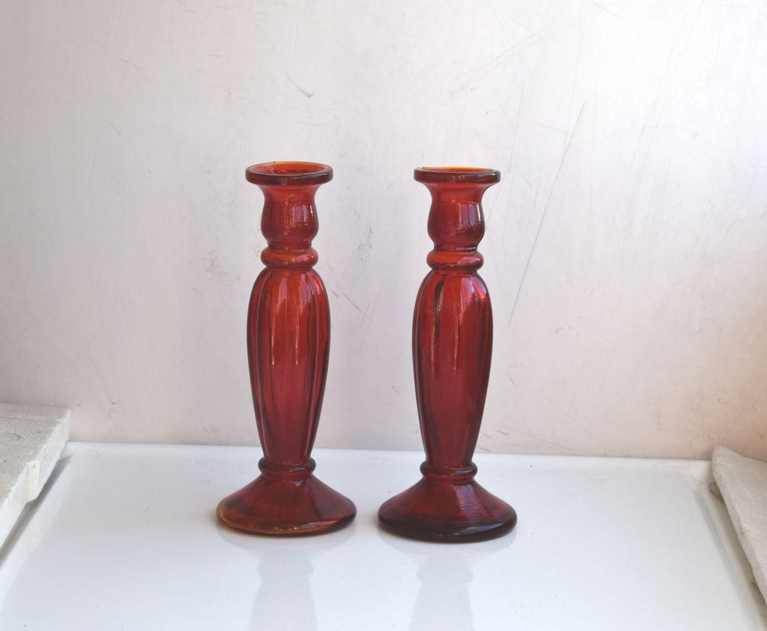 Vintage 9" Set of 2 Anchor Hocking Gaomi Ruby Red Bud Vase Candlestick ...