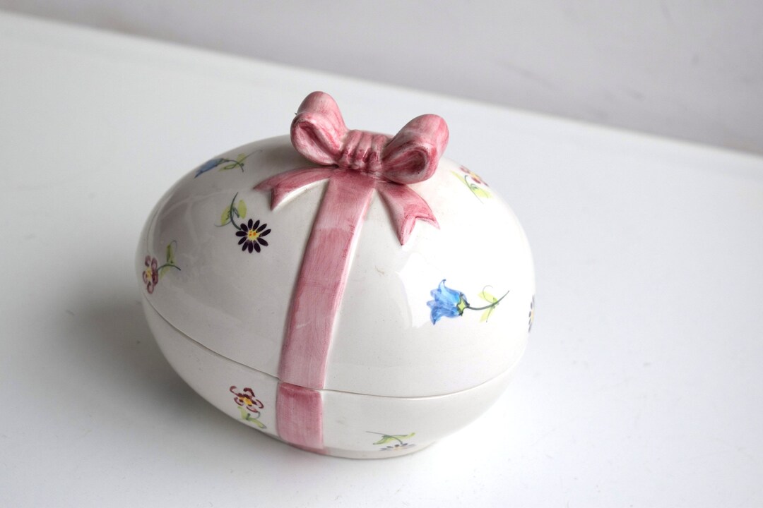 Vintage Ceramic Egg Box Trinket Jewelry Candy Lidded Bowl Easter Home ...