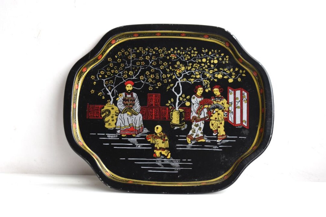 Vintage Tray Japanese Lithography Black Red Geisha Small Printed Metal ...