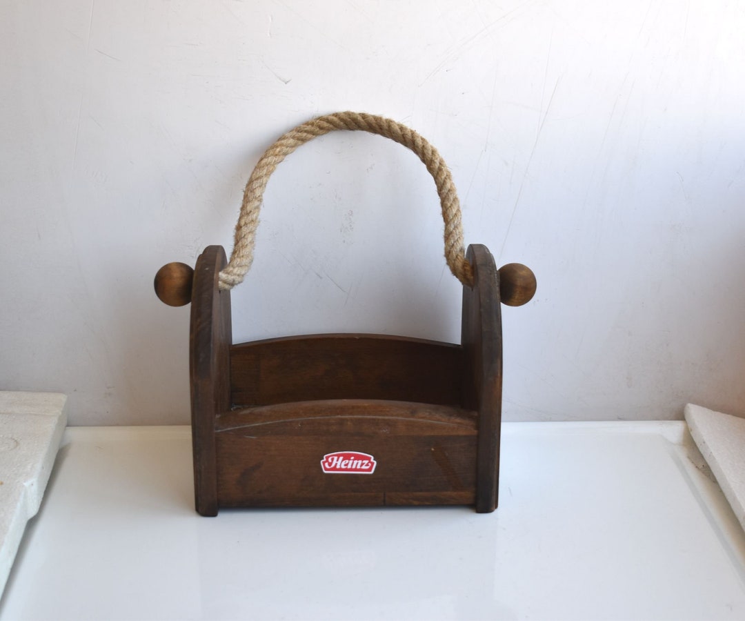 Vintage Heinz Wood Basket Rope Handle Caddy Tote Storage Cutlery Box ...