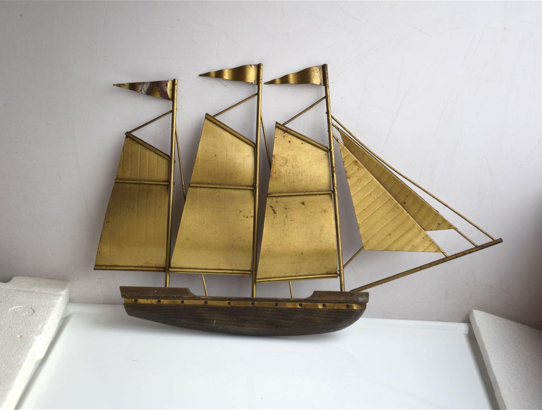 Antique 18" Brass Ship Boat Wall Hanging Picture Art Metal Wood Plaque ...