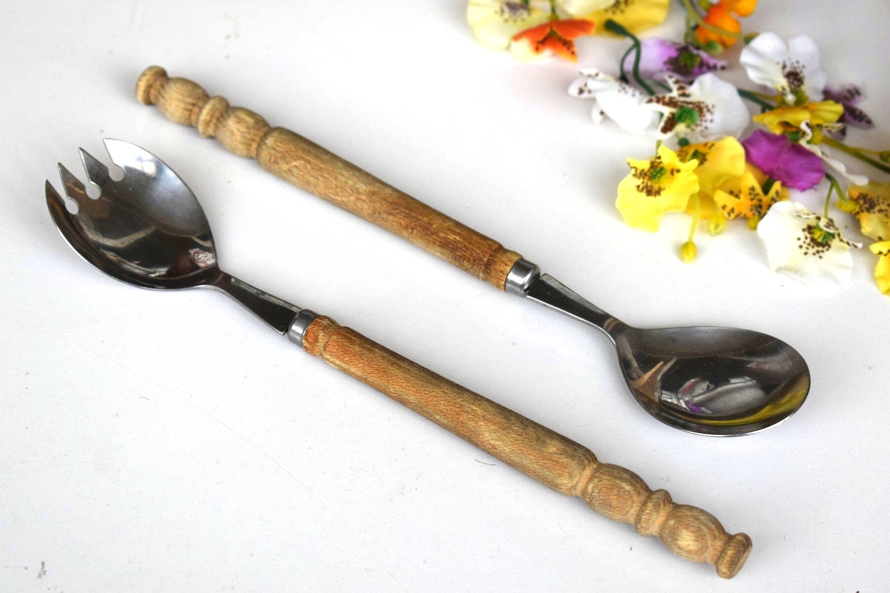 Vintage Rostfrei Serving Spoon Fork Set 2 Stainless Steel Wood Tools ...