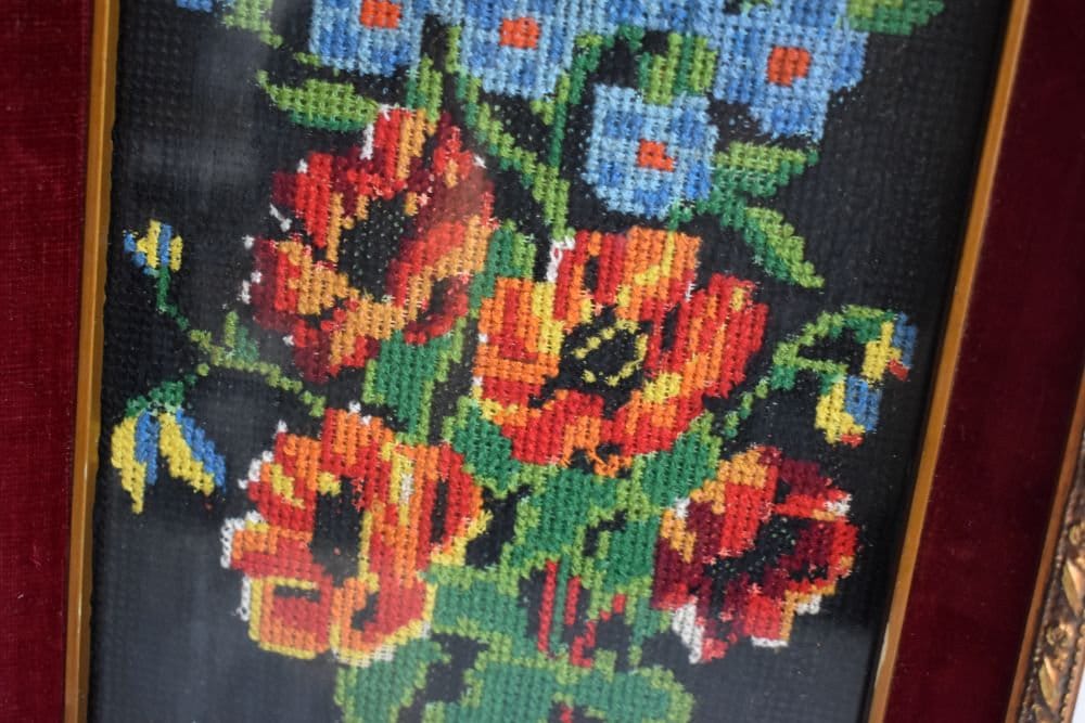 Vintage MCM Completed Cross Stitch Flower Framed Embroidery Gobelin ...