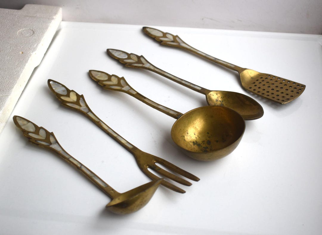 Vintage Set of 5 Solid Brass Mother of Pearl Cooking Frying Serving ...
