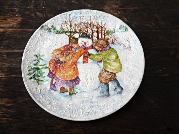 Christmas Wall Decor Plate Snowman Decoupage Wall Decor Snow - Etsy
