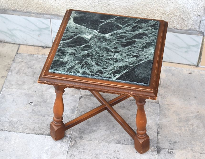 Vintage Wood Green Marble Top Stone Side Table Small Accent Coffee End ...