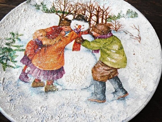 Christmas Wall Decor Plate Snowman Decoupage Wall Decor Snow - Etsy