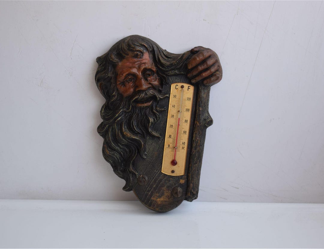 Vintage Wall Hanging Hand Carved Face Thermometer House Key Holder ...