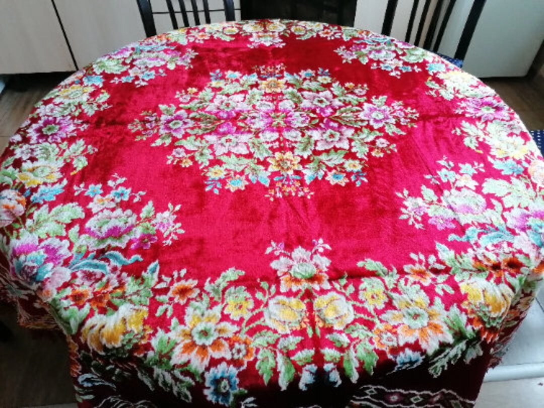 Vintage Red Velvet Tablecloth Italian MCM Colorful Floral Fringed ...
