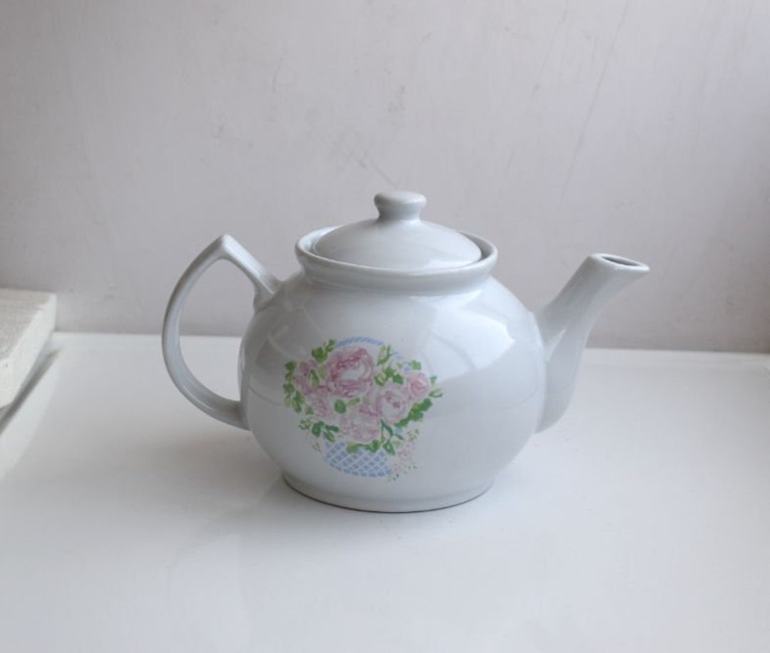 Vintage 1.3 L Airedale England Teapot White Porcelain Pink Floral ...
