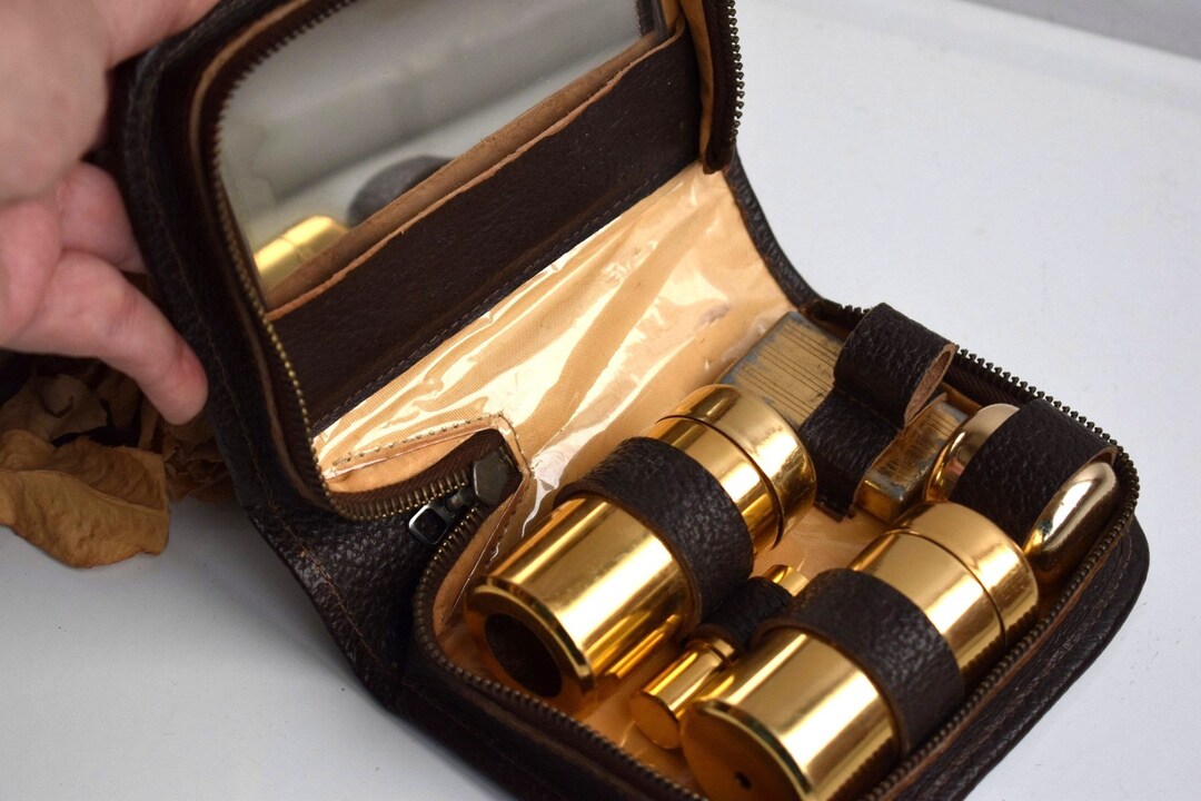 Vintage Mens Travel Case Brown Leather Shaving Kit Bag Vanity Toiletry ...