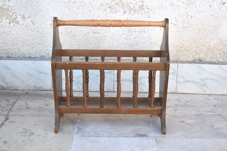 Vintage MCM Wood Magazine Rack Beige Shelf Holder Book Storage Vinyl ...