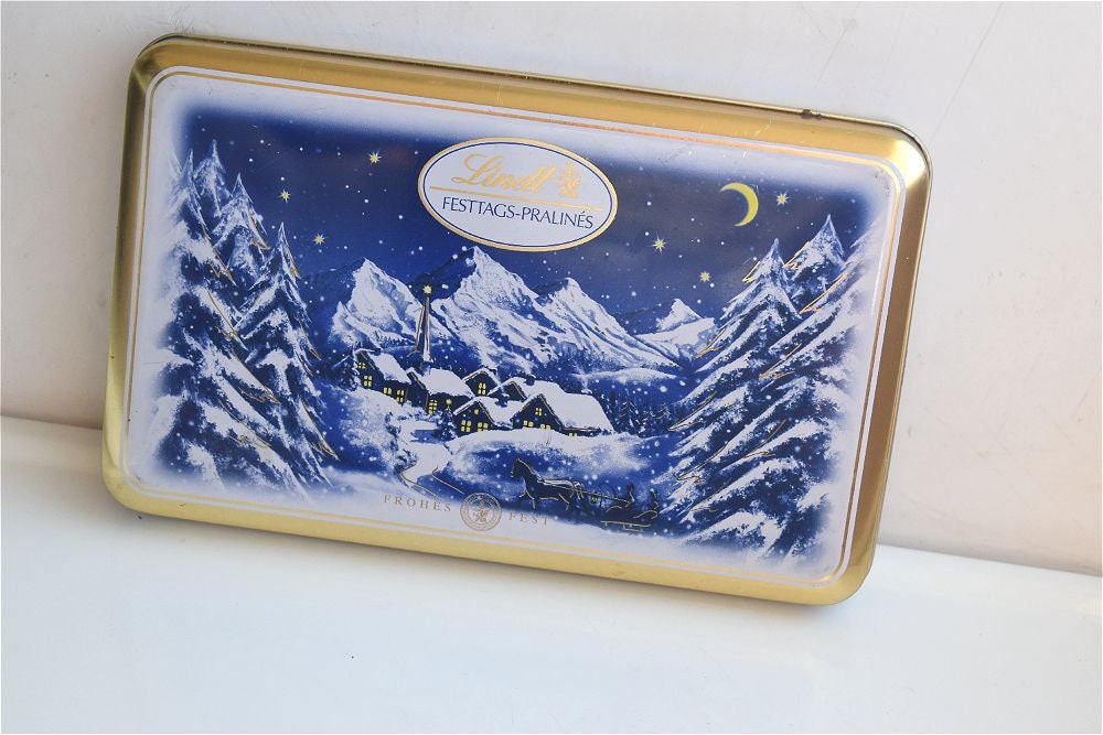 Vintage Lindt Christmas Metal Tin Lidded Box Storage Tin Can Container ...