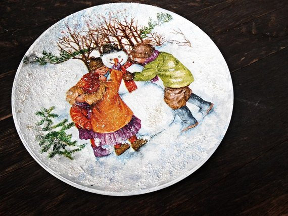 Christmas Wall Decor Plate Snowman Decoupage Wall Decor Snow - Etsy