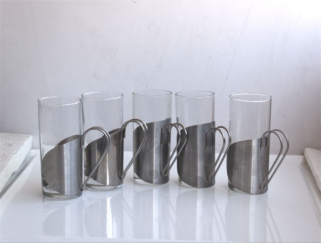 Vintage Set of 5 Danish Hot Toddy Glasses Removable Silver Steel ...