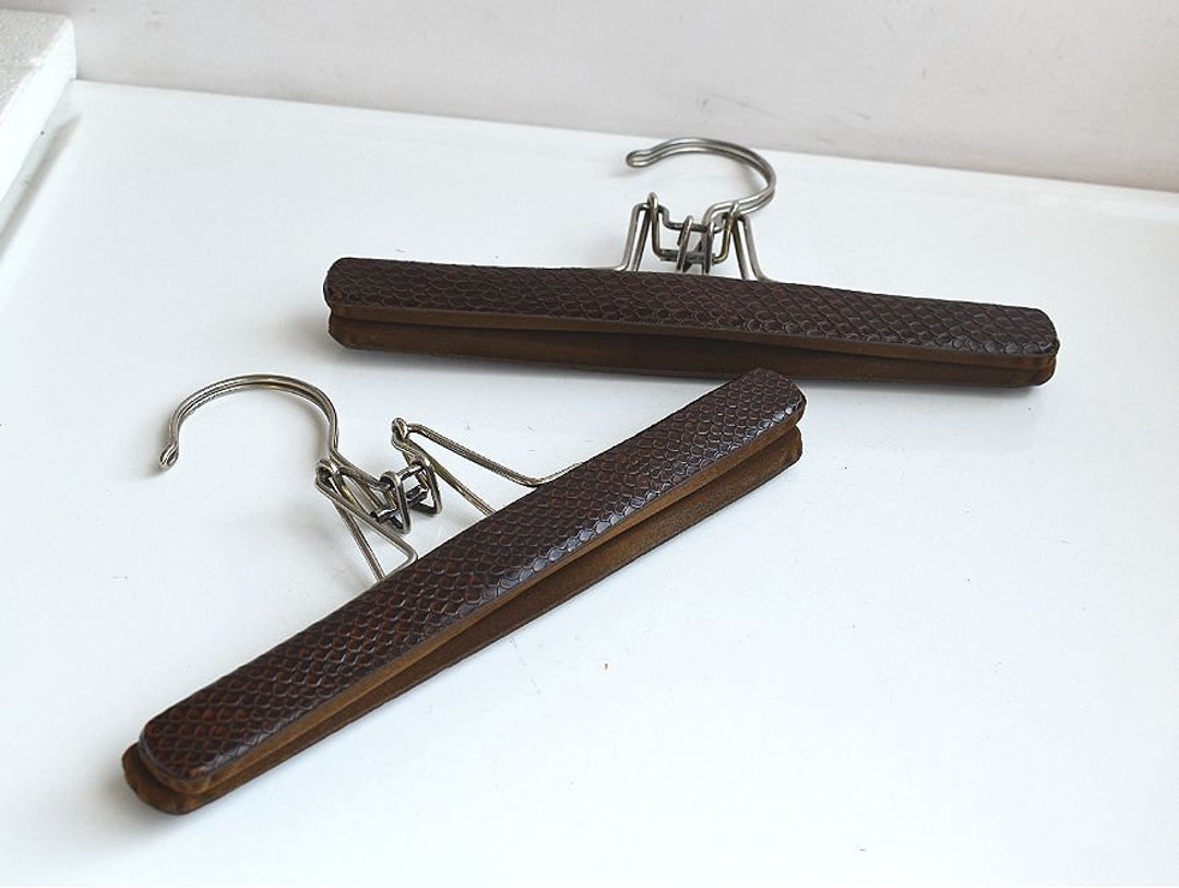Vintage Set of 2 Leather Hangers 60s - 70s Leather Wooden Hangers, Suit ...