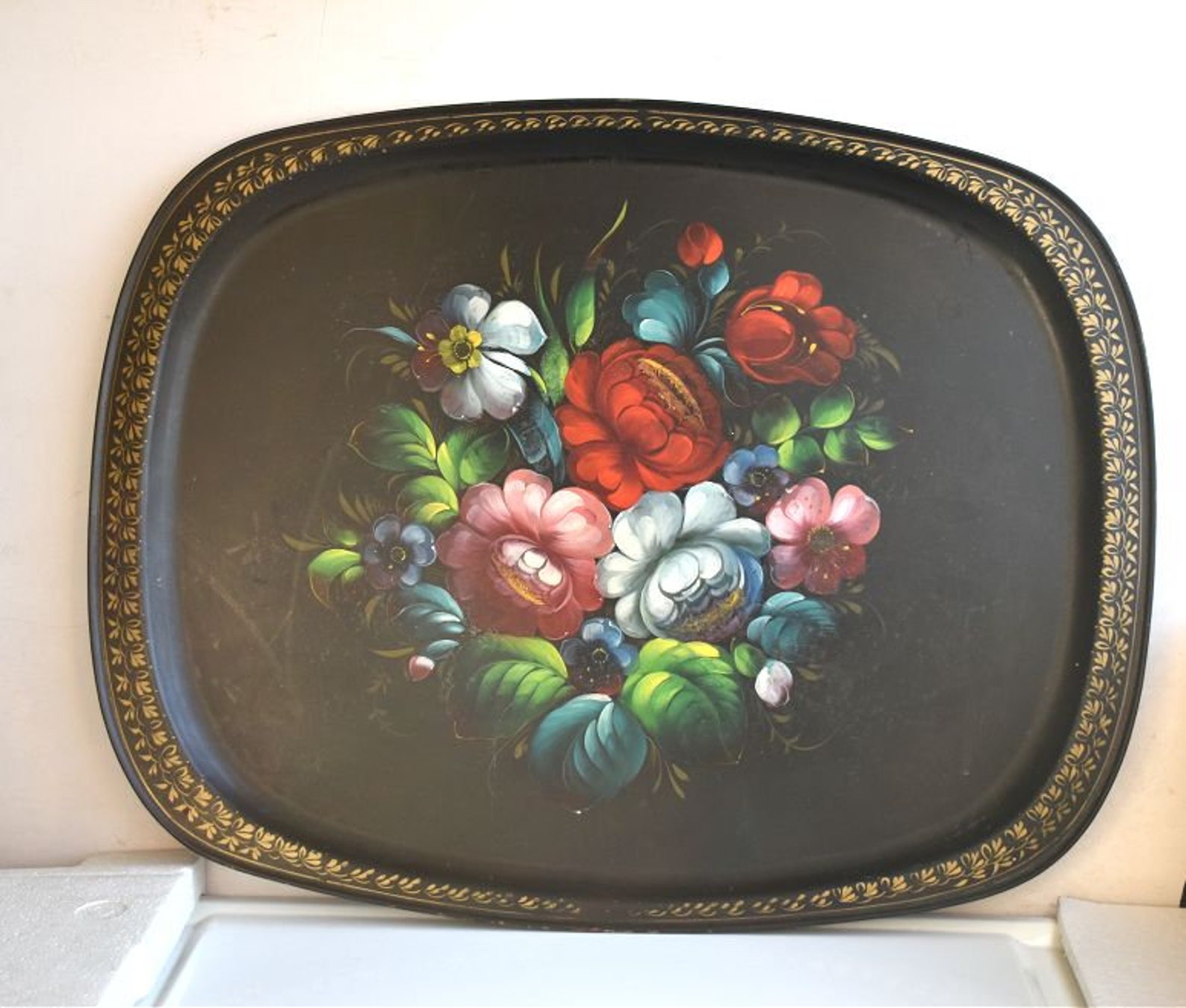 Vintage 23" X 18" Zhostovo Metal Hand Painted Black Serving Tray Flower ...