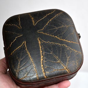 Vintage Wooden Genuine Leather Jewelry Trinket Storage Box Hand Carved ...