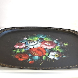 Vintage 23" X 18" Zhostovo Metal Hand Painted Black Serving Tray Flower ...