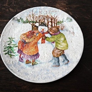 Christmas Wall Decor Plate Snowman Decoupage Wall Decor Snow Holiday ...