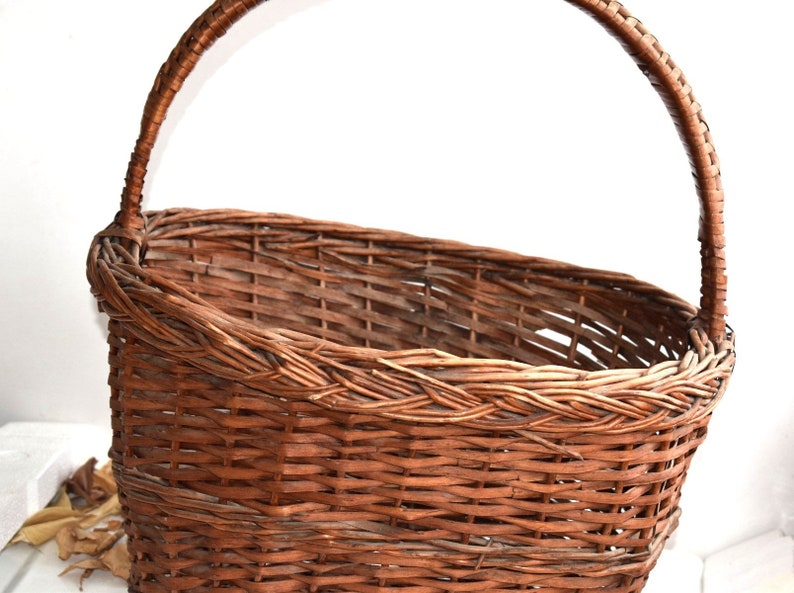 Large Vintage Woven Wicker Basket Handle Fruit Flower Handwoven Bowl ...