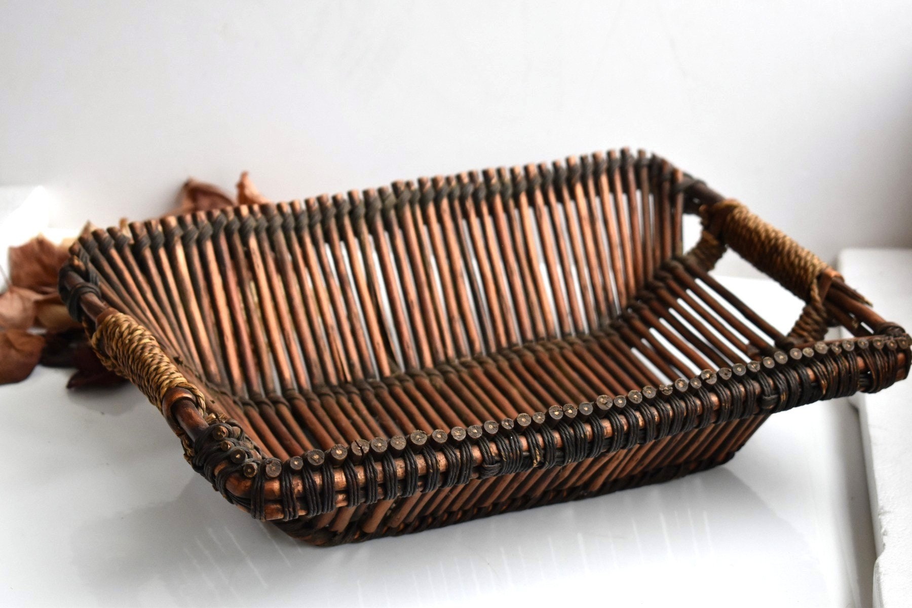 Vintage Woven Wicker Basket Two Handles Brown Rattan Bamboo Storage ...