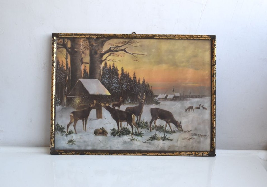 Vintage MCM Deer Animal Forest Brass Framed Stamped Photo Picture Wall ...