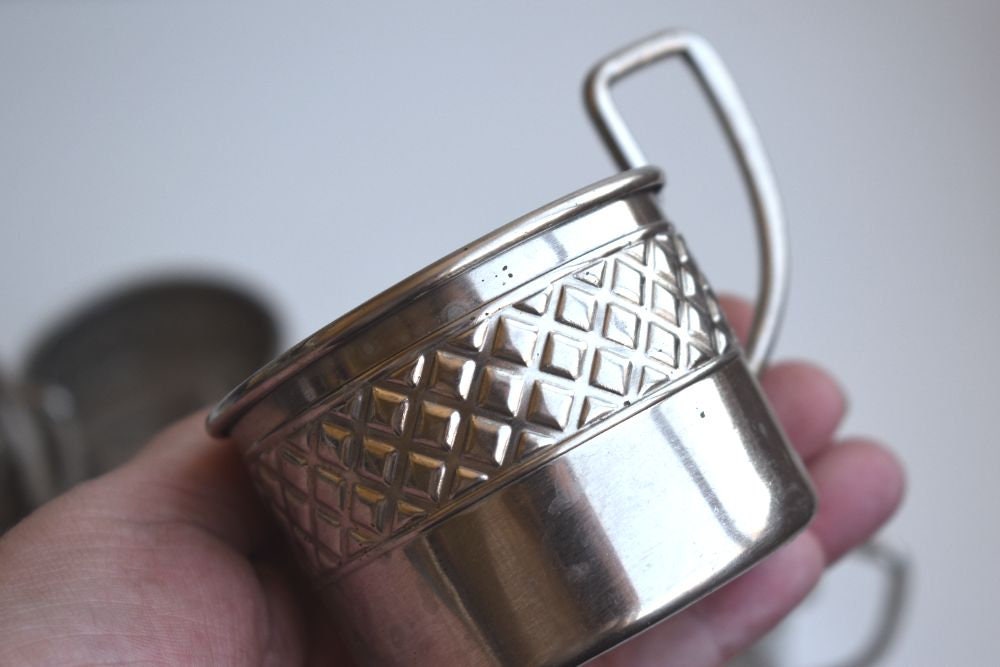 Vintage Set of 6 Tea Glass Cup Holders Melchior Silver Metal Soviet Era ...