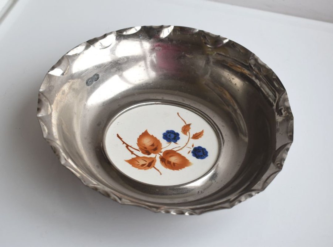 Vintage BMF N Foreign Serving Fruit Bowl Metal Porcelain Plate Tray ...