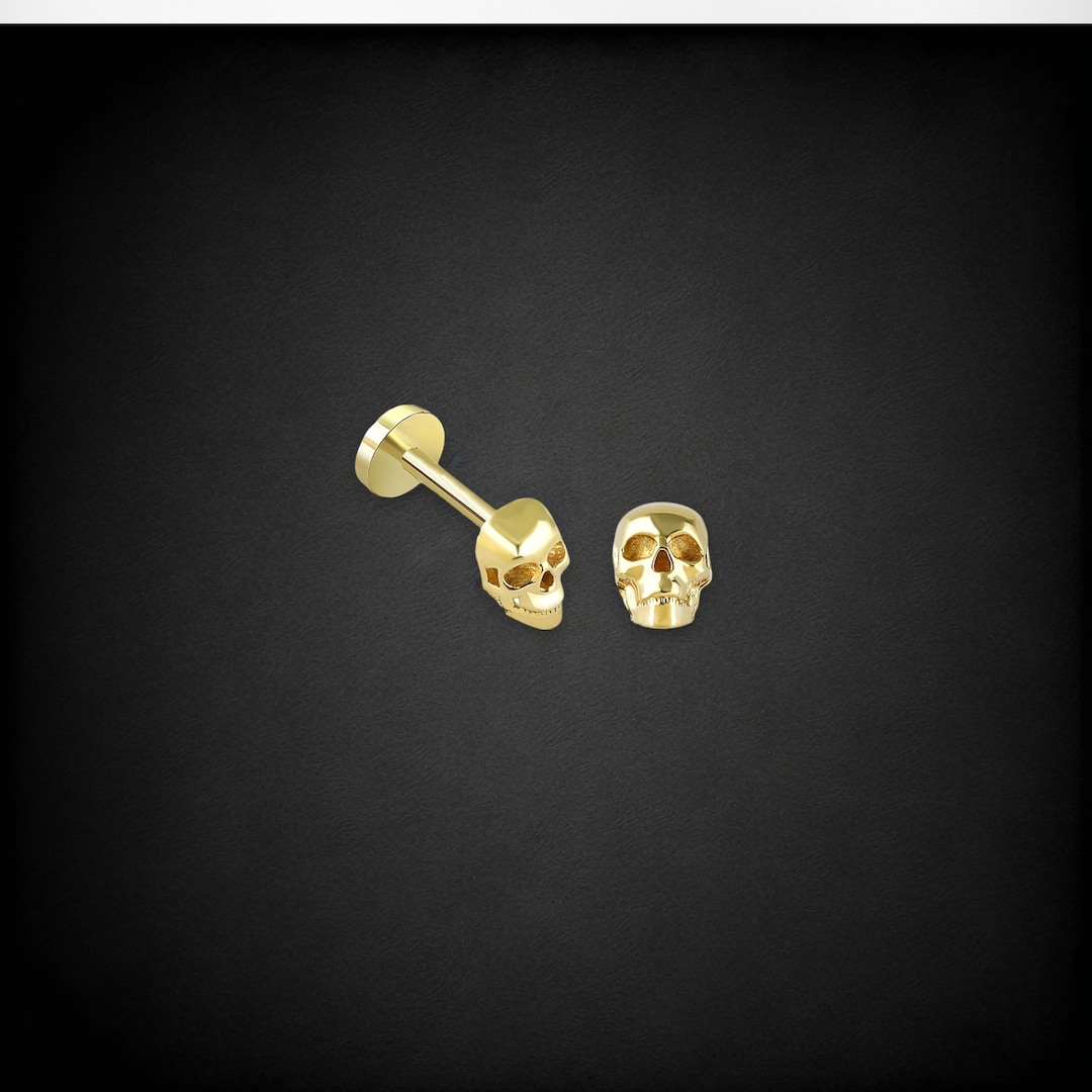 14K Gold Stud Skull Piercing, 18G Tragus Piercing, Gold Stud Earring ...