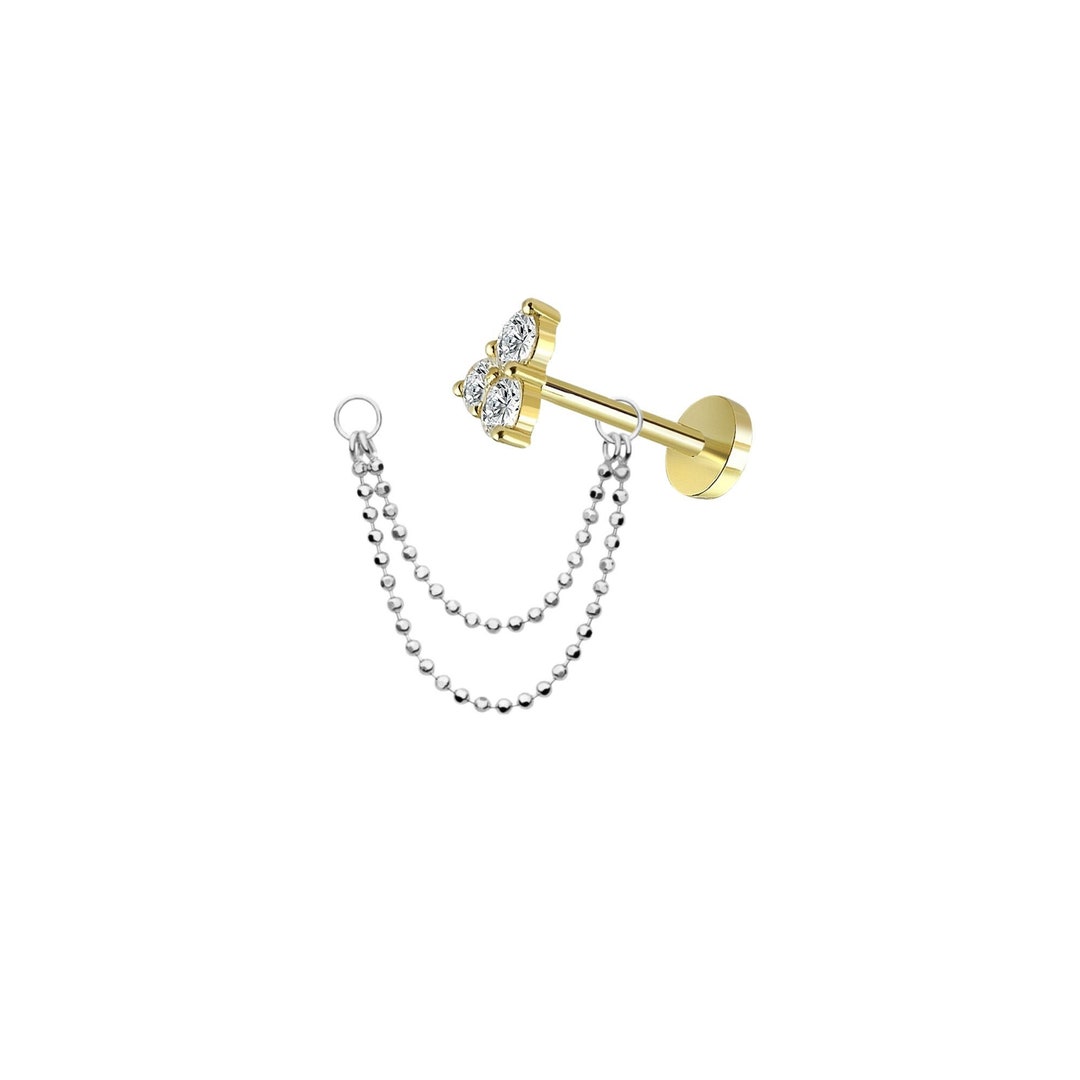 14K Gold Piercing Chain, Beaded Dangle Chain, Double Chain Attachment ...