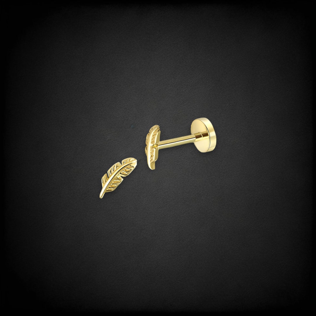 14K Gold Stud Feather Piercing, Tragus Piercing, Lobe Earring, Gold ...