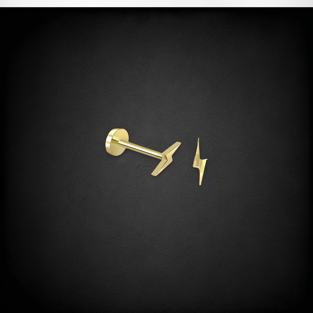 14K Gold Stud Lightning Piercing, Tragus Piercing, Gold Stud Earring ...