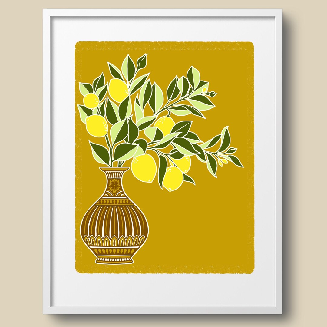Mediterranean Still Life Vase With Lemon Branch Print, Kitchen Art ...