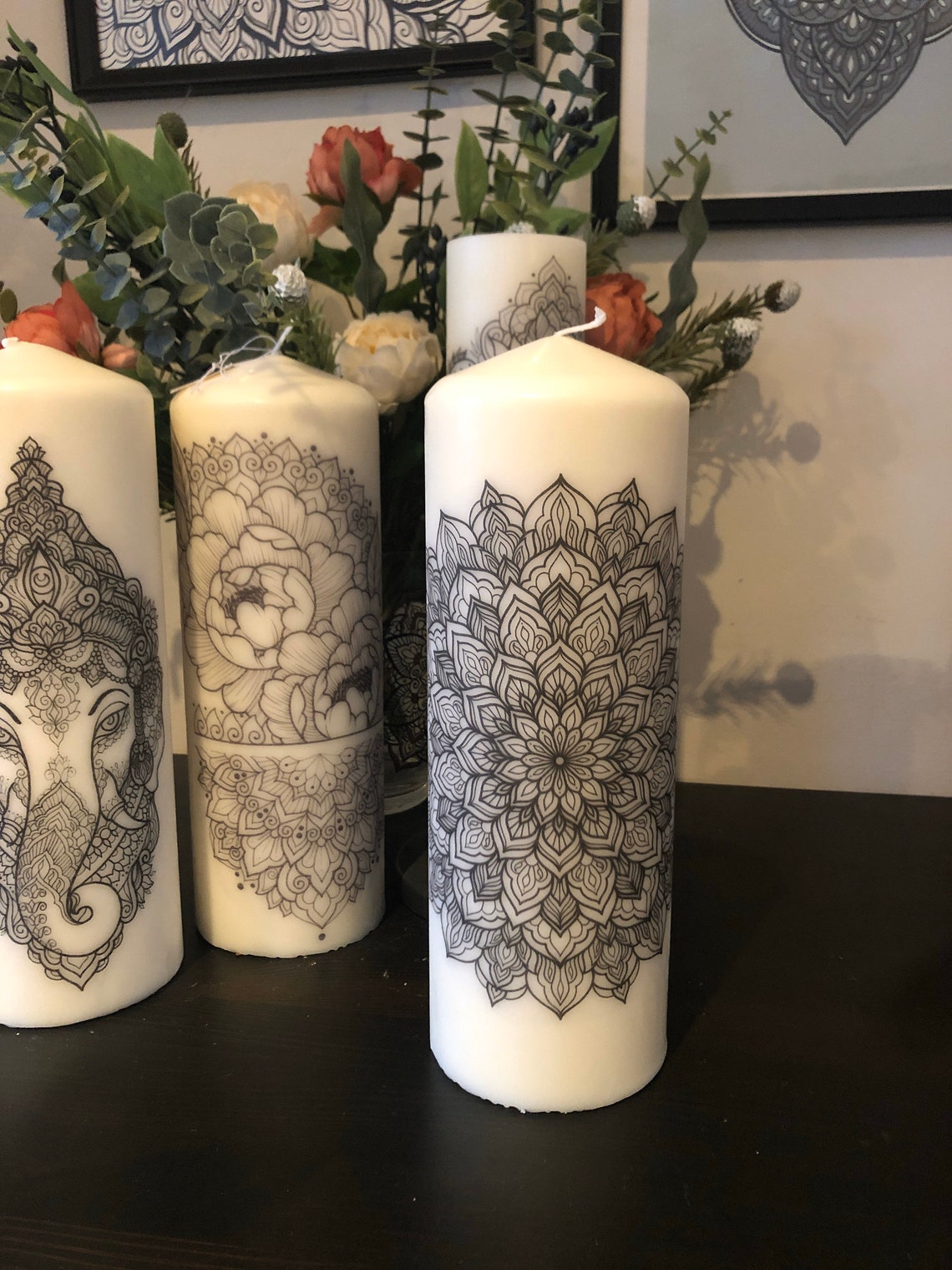Mandala Extra Large Pillar Candle Mehndi Mandala Ganesha Designs ...