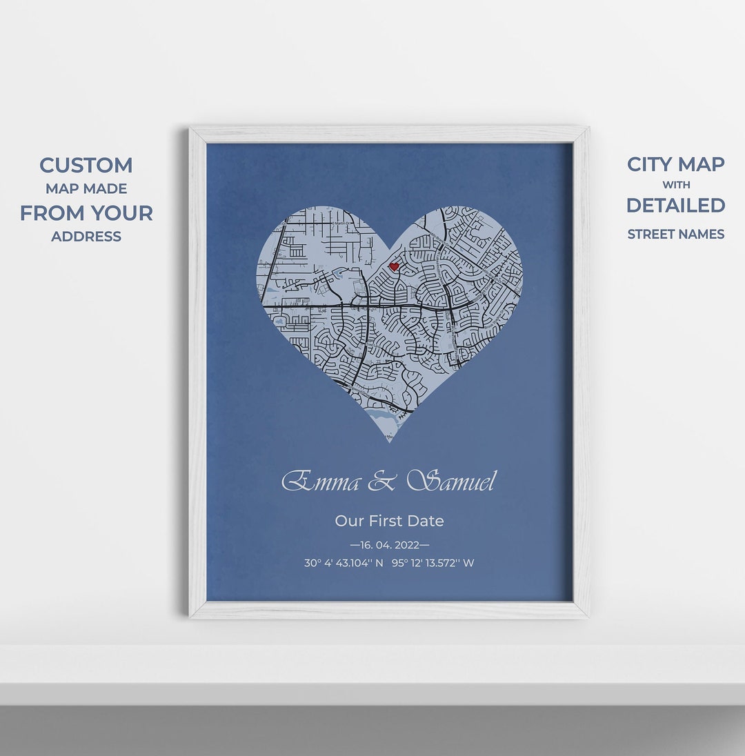 1st Anniversary Gift, Our First Date Memory, Personalized Heart Map ...